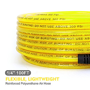 FYPower Air Compressor Hose 1/4 Inch x 100 Feet Reinforced Polyurethane (PU) Air Hose with Fittings, Bend Restrictors, 1/4" Industrial Quick Coupler and Plug Kit, Yellow