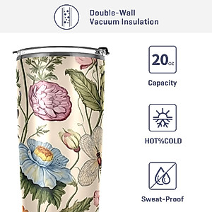 xigua Floral Dragonflies 12oz Tumbler with Lid and Straw, Stainless Steel Vacuum Insulated Coffee Tumbler Cup, Double Wall Travel Mug for Hot and Cold Drinks