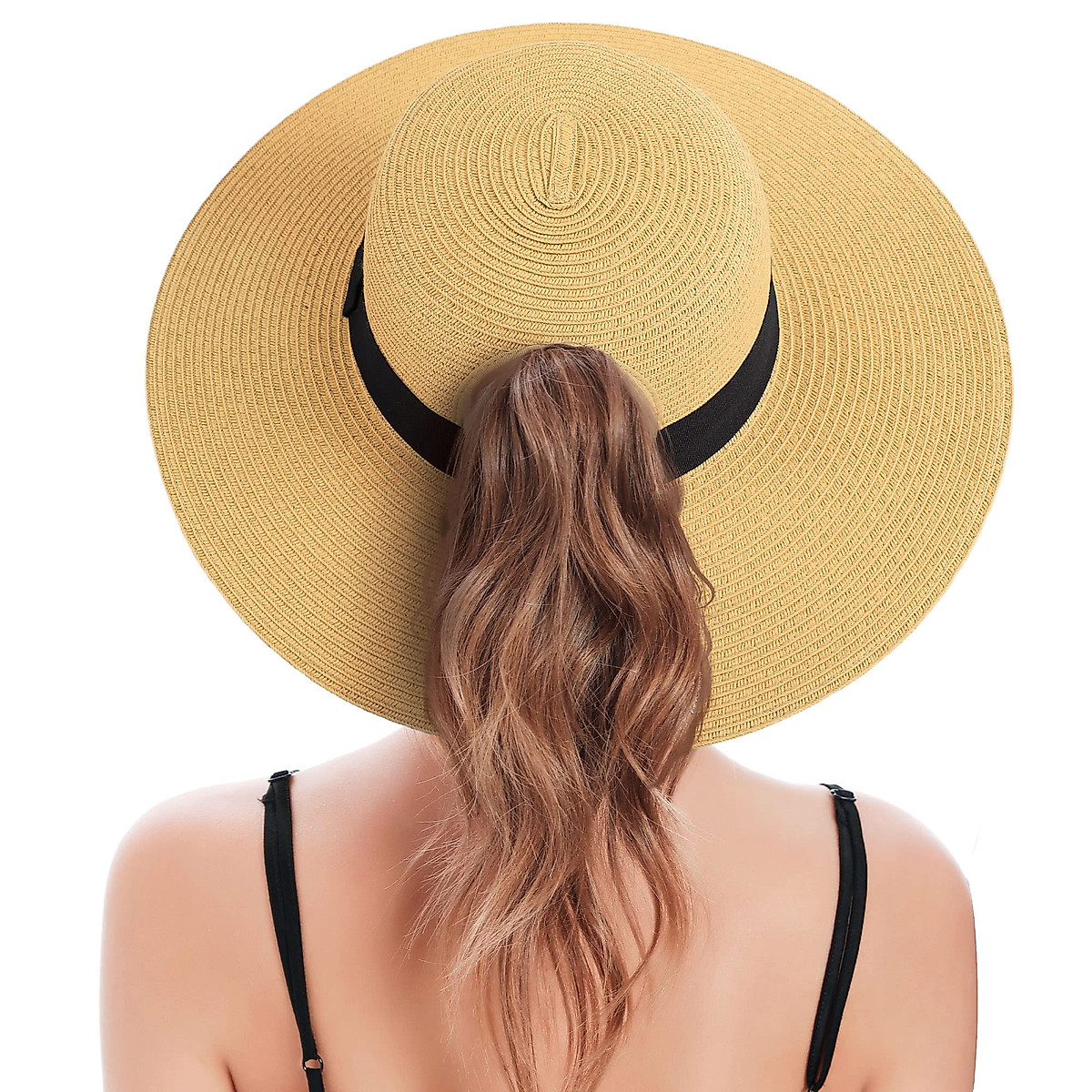 Summer Hats for Women Beach Ponytail Sun Hat Foldable Uv Protection Sun Hat with Ponytail Hole Wide Brim Straw Hat Women,Beige Ponytail Sun Hats for Women