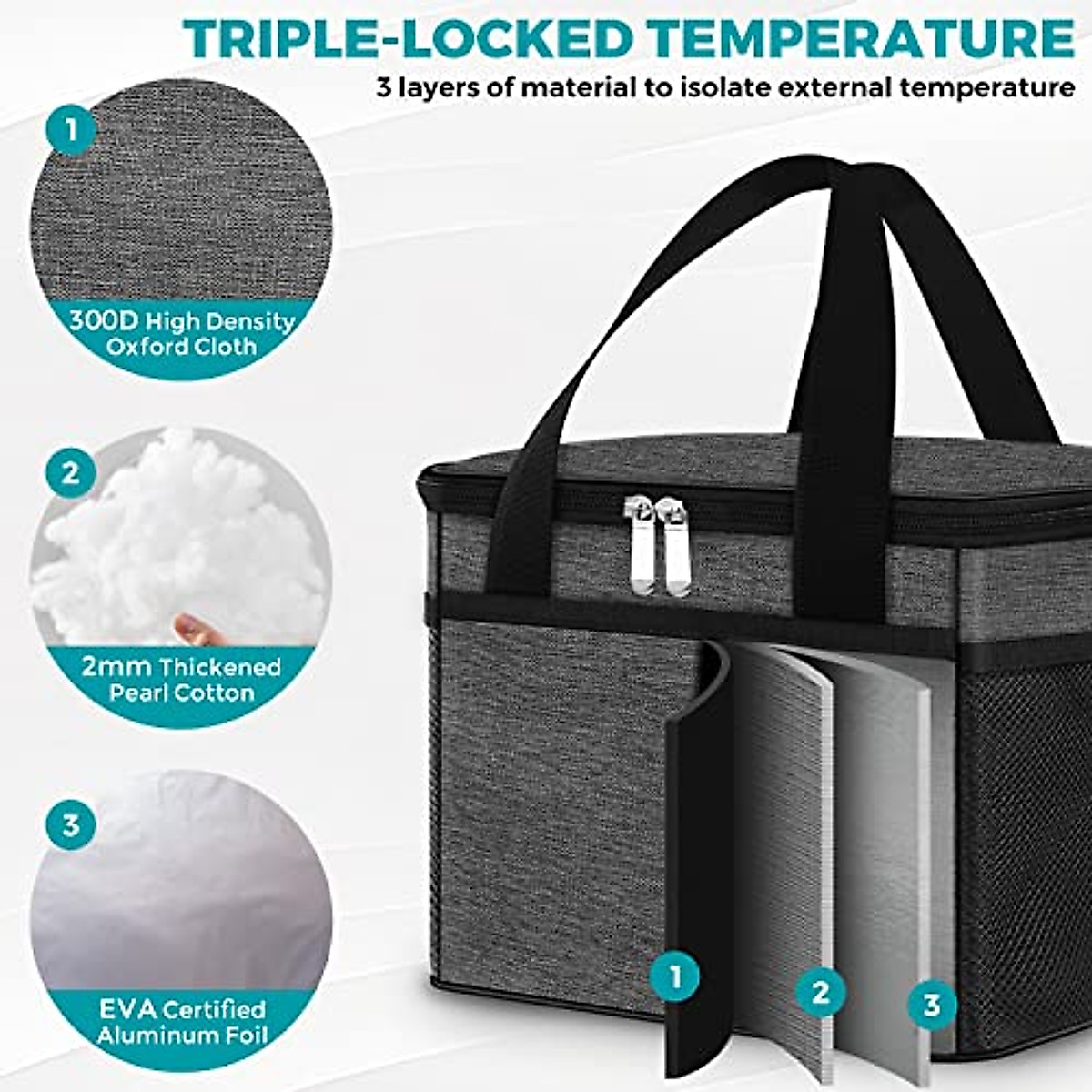 9.8L 16Cans Insulated Lunch Bag for Men Women, Reusable Insulated Lunch Box for Adult Men Women, Leakproof Cooler Bag Mens Lunchbox for Adults Work Office Picnic Beach with Shoulder Strap, Grey