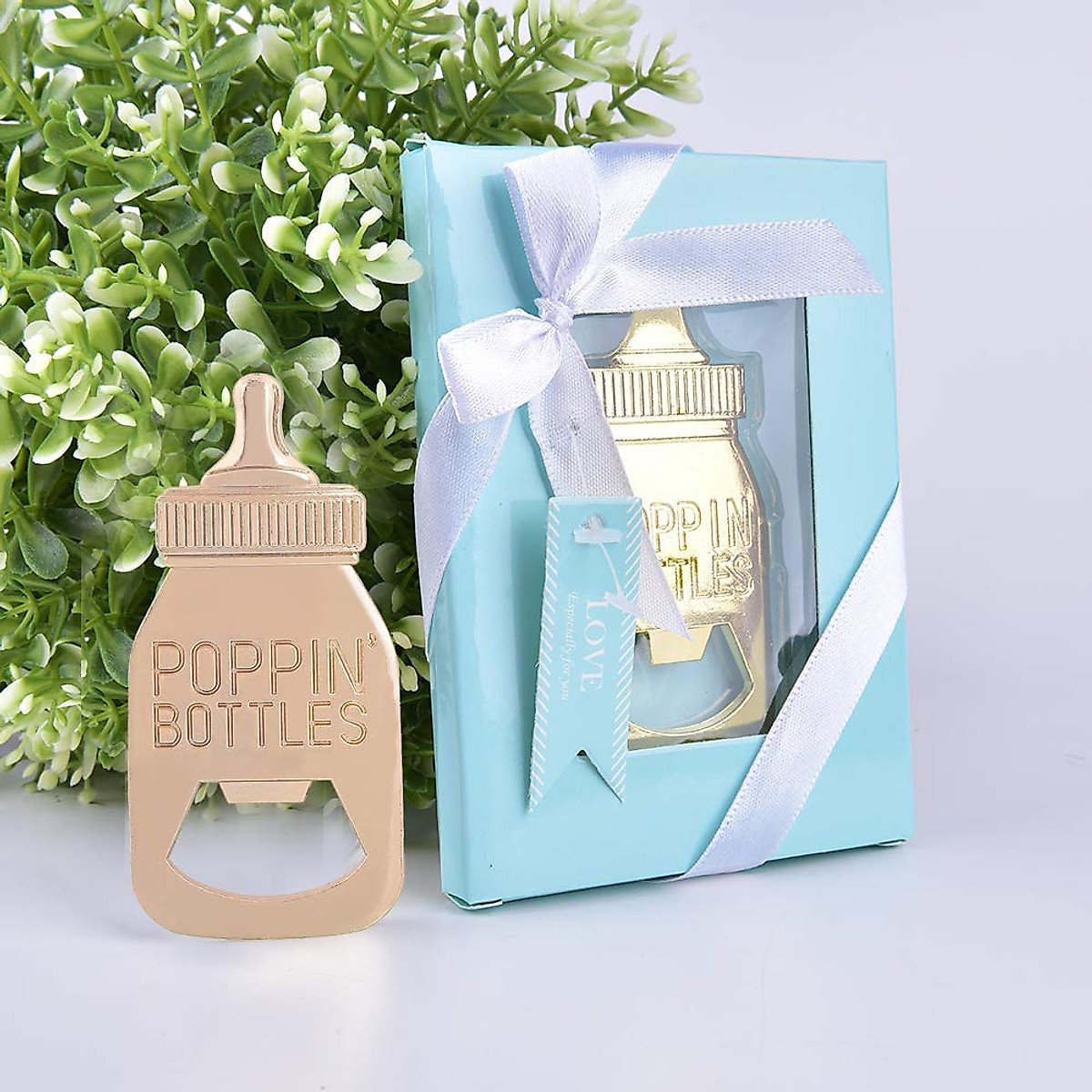 PARTYGOGO 24pcs POPPIN BOTTLES Shape Bottle Opener for Baby Shower Favors Bridal Shower Birthday Party Decoration Wedding Favors for Guests with Gift Box (Blue POPPIN BOTTLES, 24)