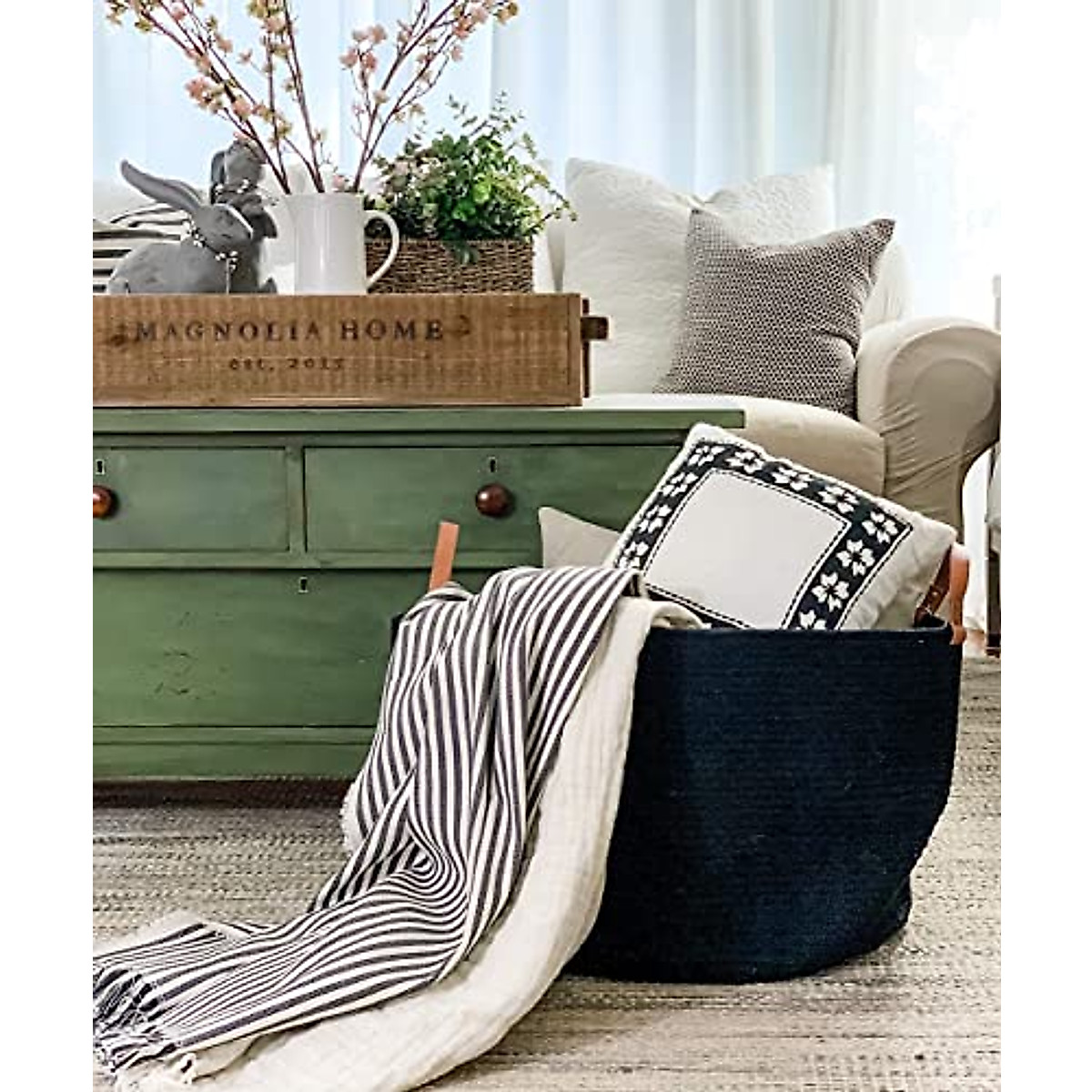 OrganiHaus Black Baskets for Organizing 20x13 | Large Blanket Basket for Living Room | Toy Storage Basket for Kids | Cotton Rope Basket w/Handles | Large Basket for Blankets | Large Storage Basket