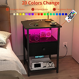 HDDDZSW LED Nightstands Set of 2 with Charging Station, Bedside Tables with USB Ports and Outlets, End Table with Fabric-Wood 2-in-1 Drawer for Small Spaces, Black Side Table for Bedroom, Living Room