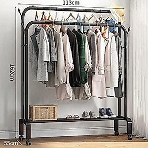 Mixfom Metal Garment Rail with Wheel, 6 Side Hooks and 4 Hanging Rail, Clothes Garment Coat Rack with 1-Tier Shelf, for Hanging Clothes, Coats, Skirts, Shirts, Sweaters