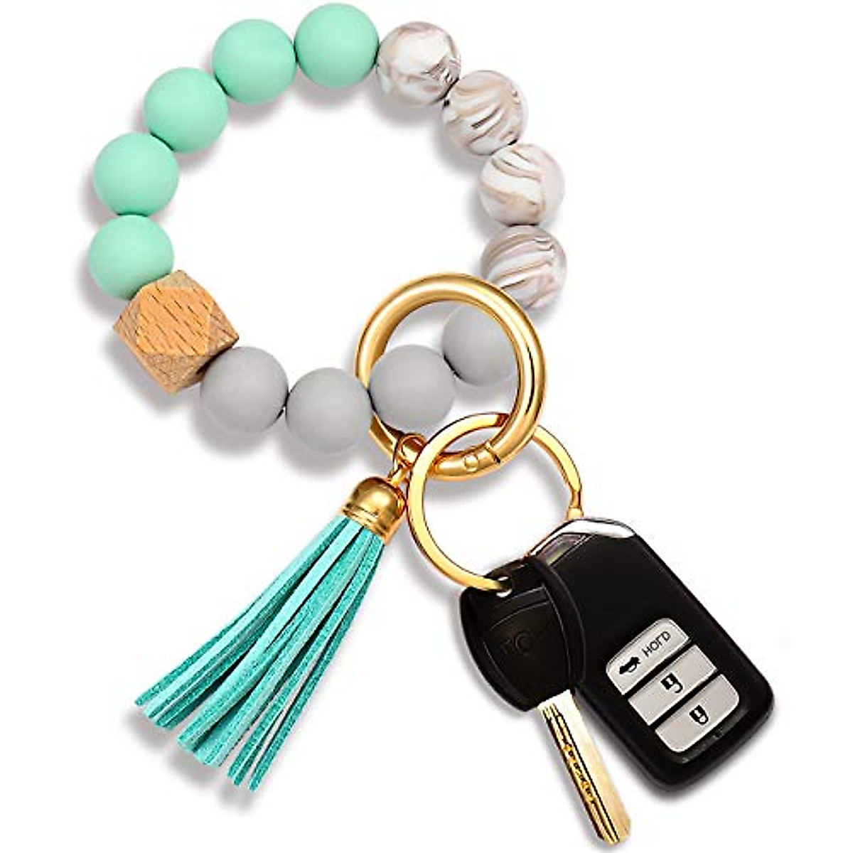 NVENF Silicone Bead Keychain Bracelet Large Keyring Elastic House Car Key Ring Wristlet Bangles Mint Green
