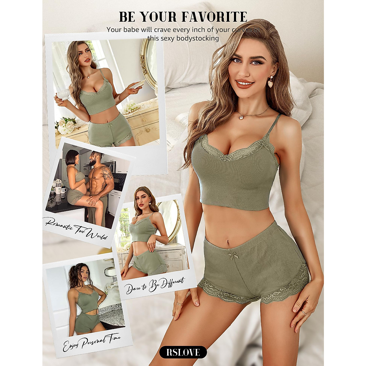RSLOVE Women Sexy Outfit Pajamas Cami Short Set Sleepwear Lace Tank Top Shorts Set Nightwear Olive S