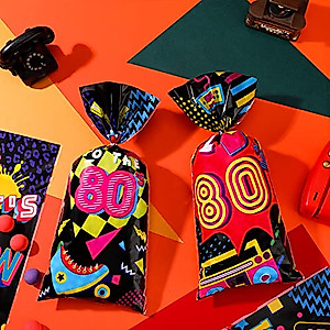 Hotop 100 Pcs 1980s Party Cellophane Bags 80s Gift Treat Bag Goodie Candy with 150 Ties Back to the I Love Retro Themed for Hip Hop Throwback Birthday Decorations Supplies