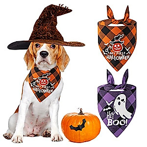 VMPETV 2 Pack Dog Halloween Bandana Glow in The Dark, Fall Dog Bandana Fluorescent Halloween Costumes for Dogs Pumpkin Ghost Scarf Bibs Accessories for Small Medium Large Pets Cats