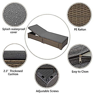 Kinsunny Outdoor PE Wicker Lounge Chair Patio Reclining Chair Furniture Set Beach Pool Adjustable Backrest Recliners with Dark Grey Cushions