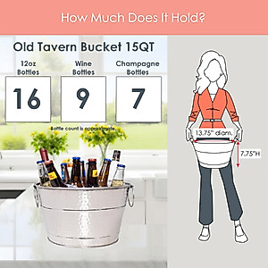 BREKX Stainless Steel Ice Bucket Round - Leak-Resistant Champagne Bucket - Hammered Drink Cooler for Parties - 15 Quarts - Metal Gift Basket for Wedding, Anniversary, or Housewarming