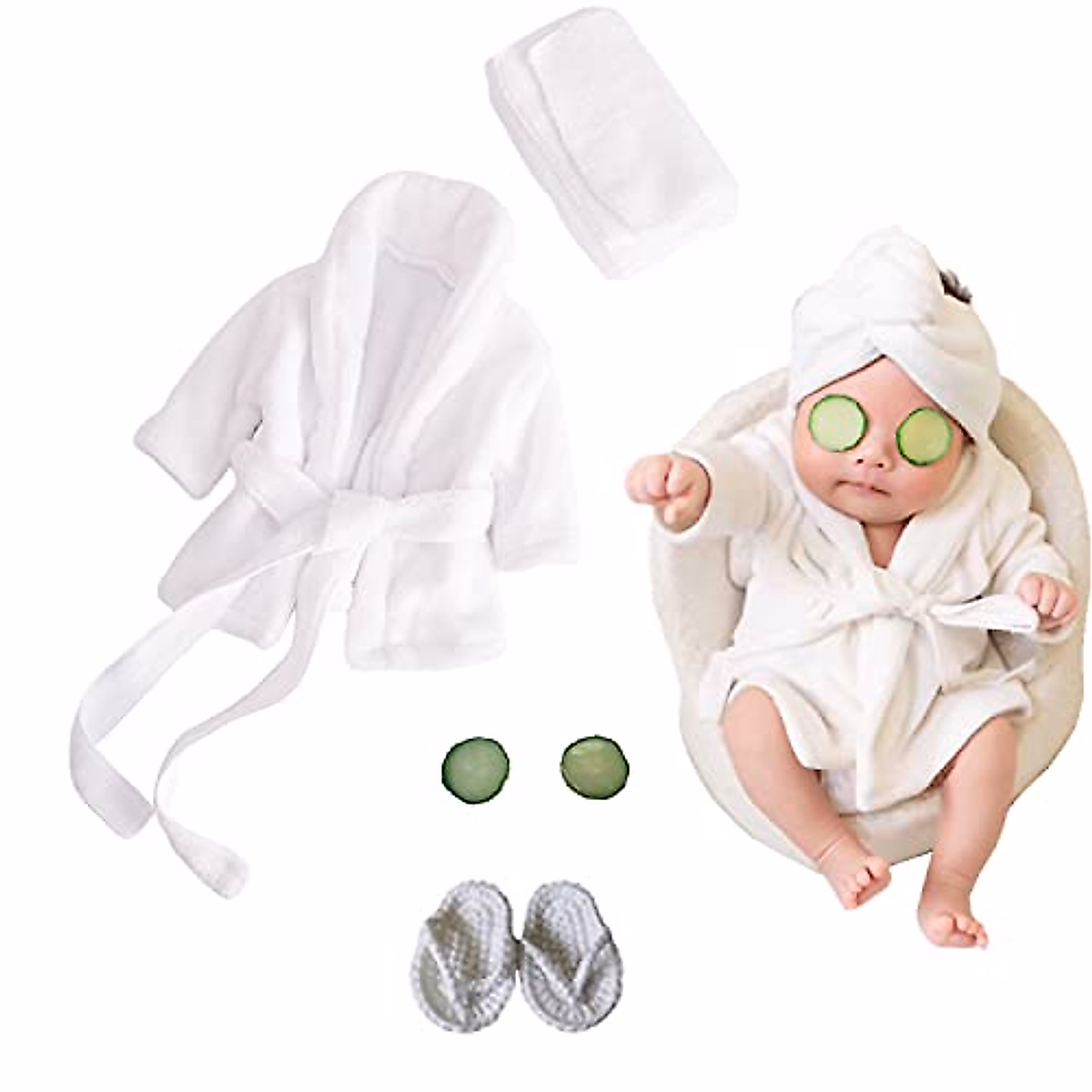 5PCS Newborn Photography Outfits, DISTART Baby Hooded Plush Towel Cotton Bathrobes Bath Outfit with Slippers Photo Props for Toddle Infant Girls and Boys Shower Shoot Gift (White), 0-6 Months