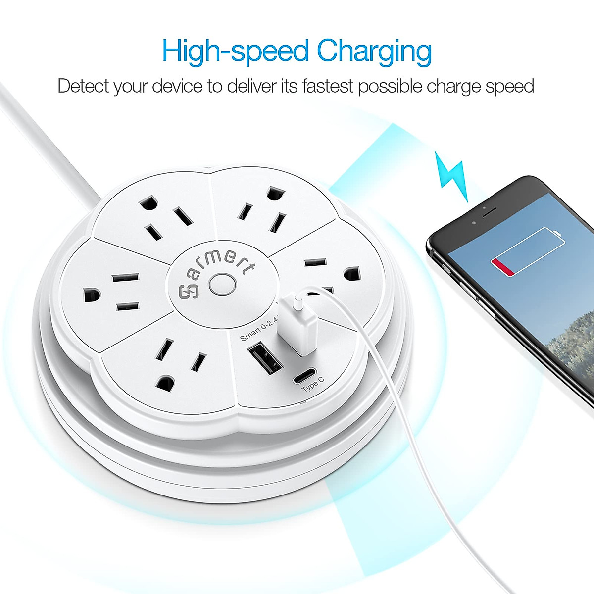 Retractable Power Strip, 5 Outlet Flat Plug Strip with Smart USB Ports and Type-C Port, 900J Surge Protector, 125V/13A, 3.3ft Retractable Extension Cord, Portable & Neat for Travel/Home/Office, White