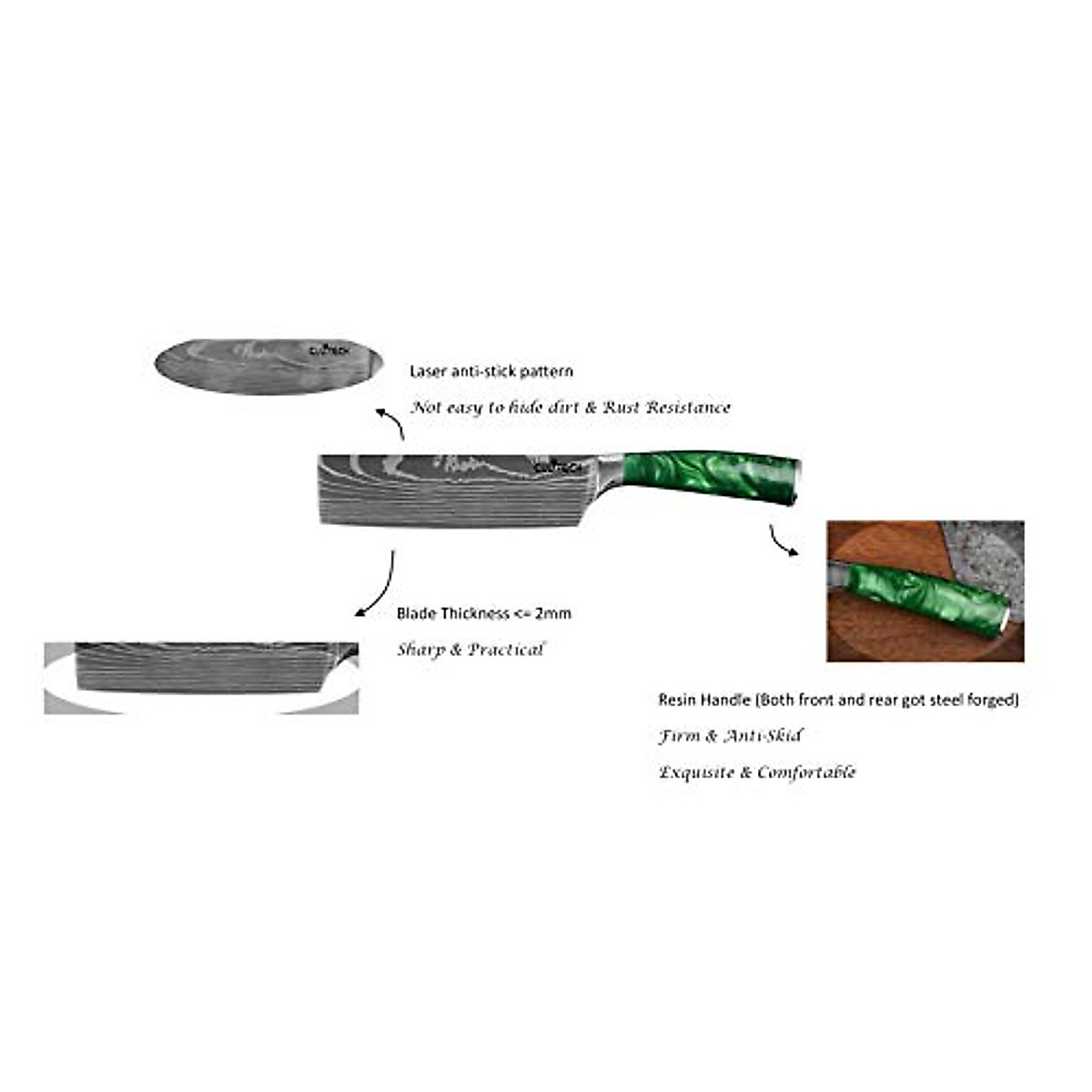 CULITECH Nakiri Knife, 7 inches Sharp Laser Damascus Pattern Chef Knife with Resin Handle and Sheath,Utility Kitchen Knife for Kitchen and Restaurant used