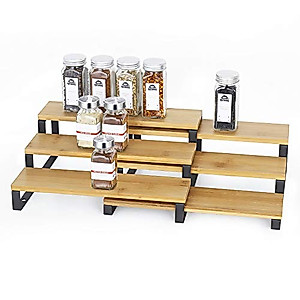 MOOACE 3 Tier Expandable Spice Rack Set (15.35"--22.2"L), Step Shelf Organizer for Cabinet Countertop Pantry, Set of 2