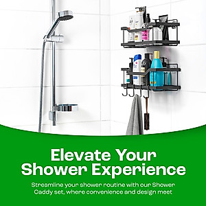 Helpful Home Shower Caddy, Adhesive Shower Shelf 2-Pack - Swift Draining, Rustproof Stainless Steel Shower Storage Rack with 4 Hooks, Adhesive, Easy Installation, Large Load-bearing