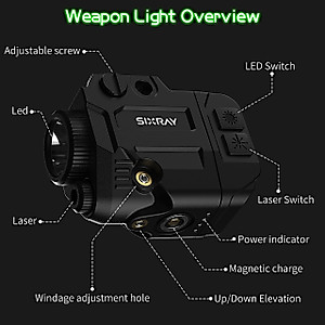 SIXRAY 500 Lumens LED Pistol Light with Blue Beam Laser Combo, Magnetic Charging Tactical Flashlight for Picatinny and Glock Rail, Handgun Weapon Light with Strobe Mode
