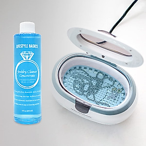 Lifestyle Basics Jewelry Cleaner Solution Liquid Concentrate 8 oz | Cleans Rings, Earrings, Necklaces, Eyewear | Safe for Diamonds, Gold, Silver, Gemstones, and Metals | 1 Bottle Makes 8 Cups