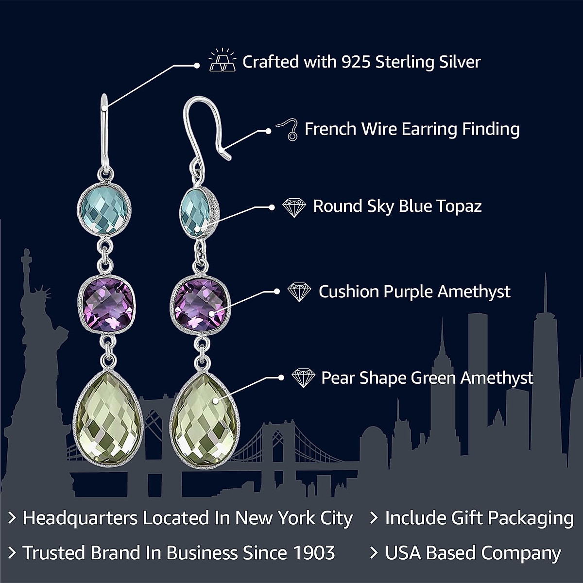 Gem Stone King 925 Sterling Silver Multi Shape Sky Blue Topaz Purple and Green Amethyst Dangle Earrings For Women