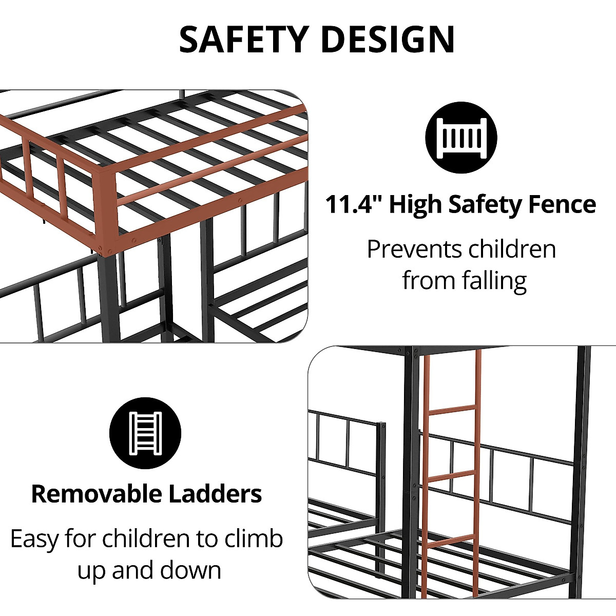 INCLAKE Triple Bunk Bed, Metal Twin Over Twin & Twin Bunk Beds for 3 with Guardrails, Ladder & Upper-Bed Platform, Detachable 3 Bunk Beds for Children, Teens, Adults, No Box Spring Needed, Black