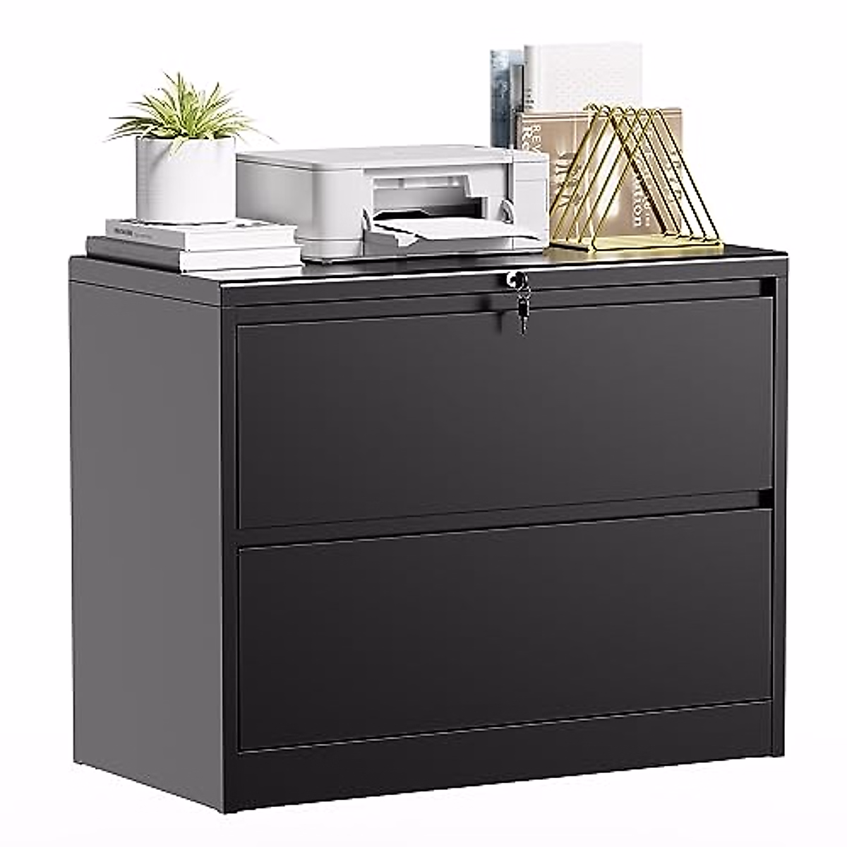 Hak 2 Drawer Lateral File Cabinet with Lock, Black Metal Filing Cabinet for Home Office, Locking Office File Cabinet for Hanging Files Letter/Legal/F4/A4 Size