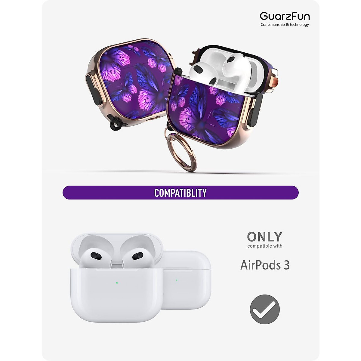 GuarzFun for AirPod 3 case with Lock, AirPods 3rd case for Women Men, Flower Hard case with Keychain (Purple Butterfly)