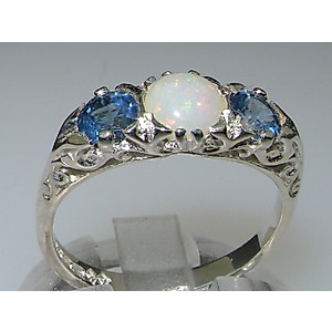 LetsBuyGold 925 Sterling Silver Natural Opal and Sapphire Womens Anniversary Ring - Size 7.25