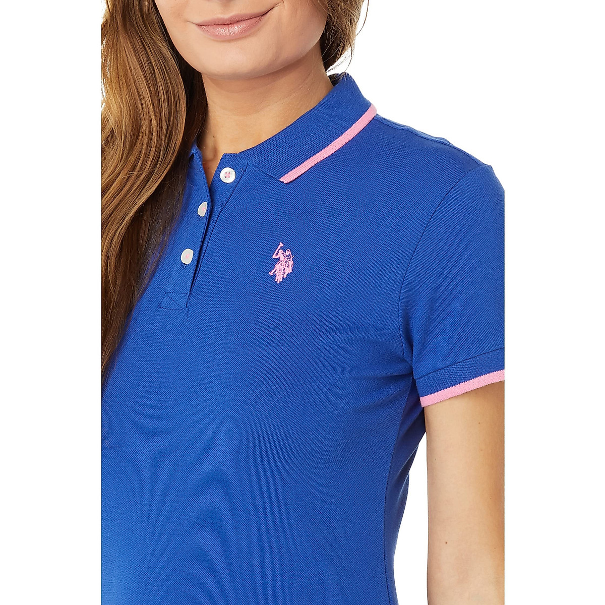 U.S. Polo Assn. Women's Classic Stretch Pique Polo Shirt - Ladies Cotton Short Sleeve Golf Shirt, Women's Polo Shirts for Work, School, Tennis & Semi-Formal Events - Blue Raft (Large)