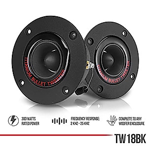 Pyramid 1” Audio Car Tweeter Speaker - 3.25” Bullet Horn Aluminum Die-Cast Titanium Dome, 300 Watt Peak, 2k-25kHz Frequency Response, 4 to 8 Ohm, Heavy Duty 20 oz. Magnet Structure - 1 Pair TW18BK