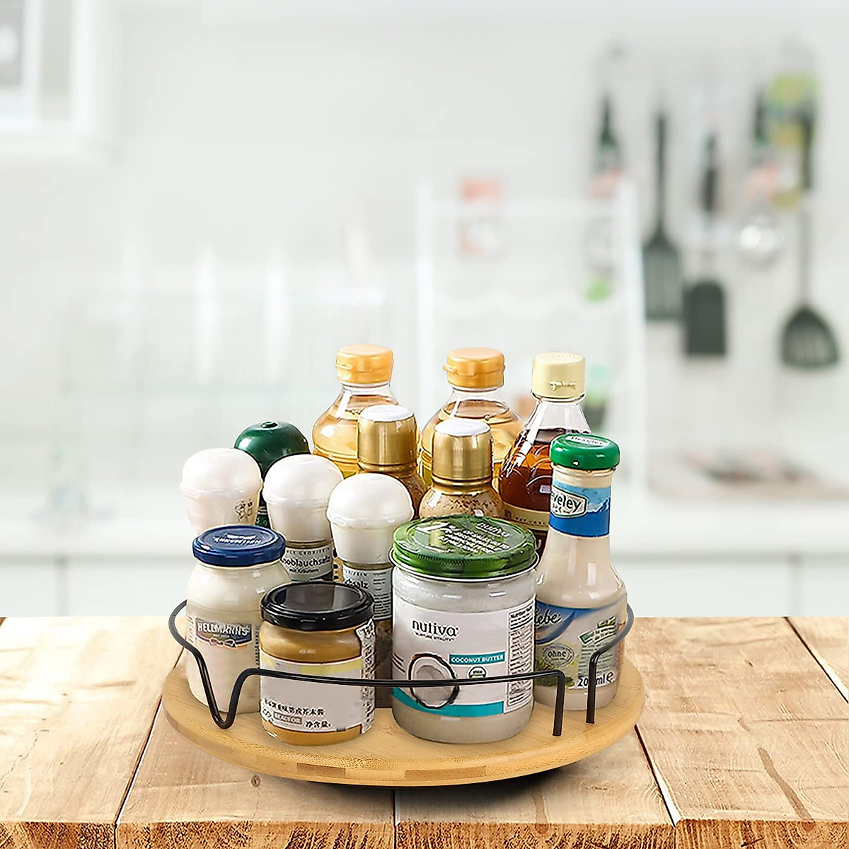 simesove Lazy Susan Turntable 10inch Bamboo Spinning Spice Rack Holder Kitchen Cabinet Counter Top Organizer 360 Degree Turntable Turning Table (Bamboo, 10" (1 Tier))