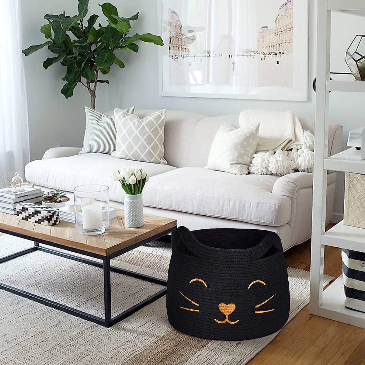 HiChen Large Woven Cotton Rope Storage Basket, Baby Laundry Basket Organizer for Toys, Blanket, Clothes, Towels, Gifts | Pet Gift Baskets for Cat, Dog - 15.7" L×11.8" H, Black