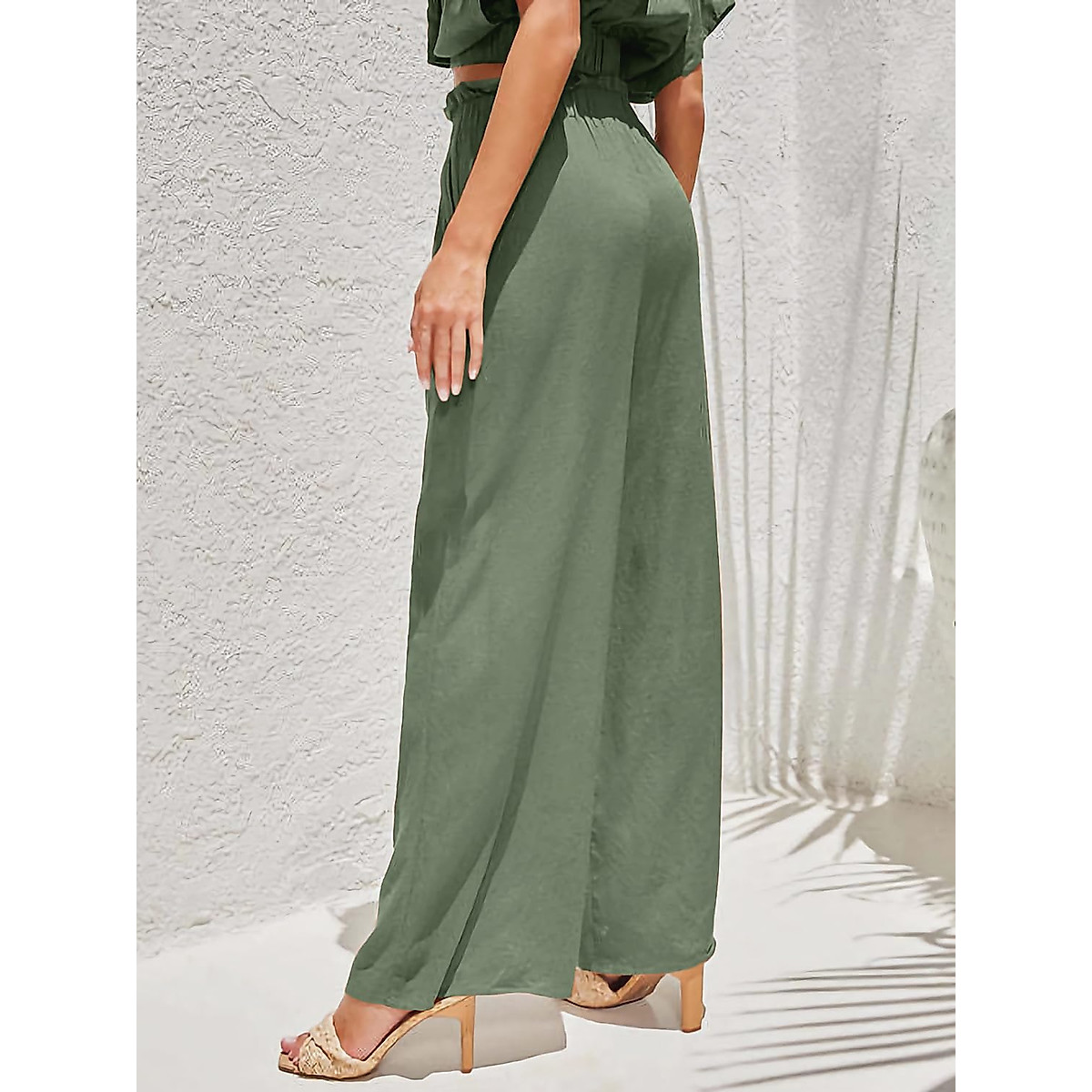 Sucolan Green Pants for Women Dressy Casual Wide Leg Pants High Waisted Business Work Pants Adjustable Tie Knot Loose Beach Flowy Palazzo Pants Sage Green L