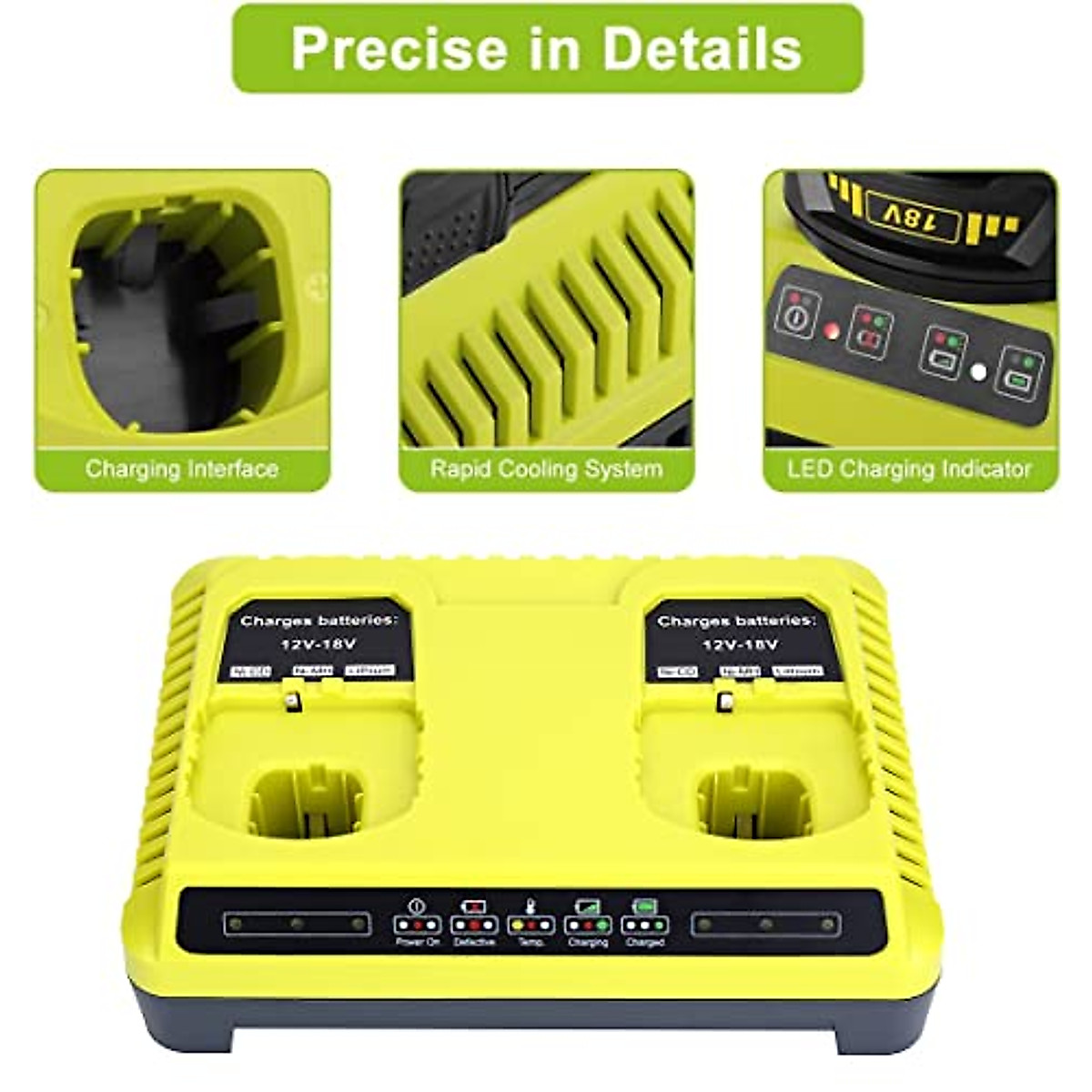 2 Ports P117 Dual Chemistry IntelliPort Battery Charger for 12V-18V MAX Ryobi ONE+ Plus Lithium NiCad NiMh Battery P102 P103 P107 P108 P109 P189 P190 PBP002 PBP005