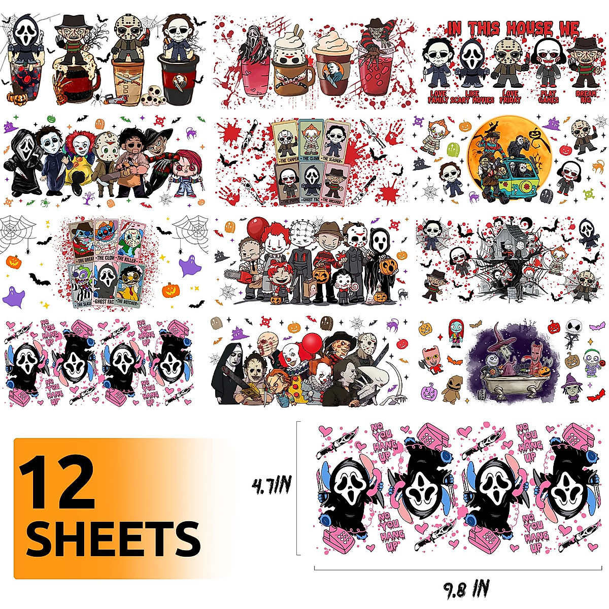 UV DTF Cup Wrap Transfer for Glass 16oz,12 Sheetes Horror UV DTF Transfers Stickers Cup Decals, Rub on Transfers Cup Stickers for Crafts, Ready to Apply, Permanent Adhesive, No Heat Needed