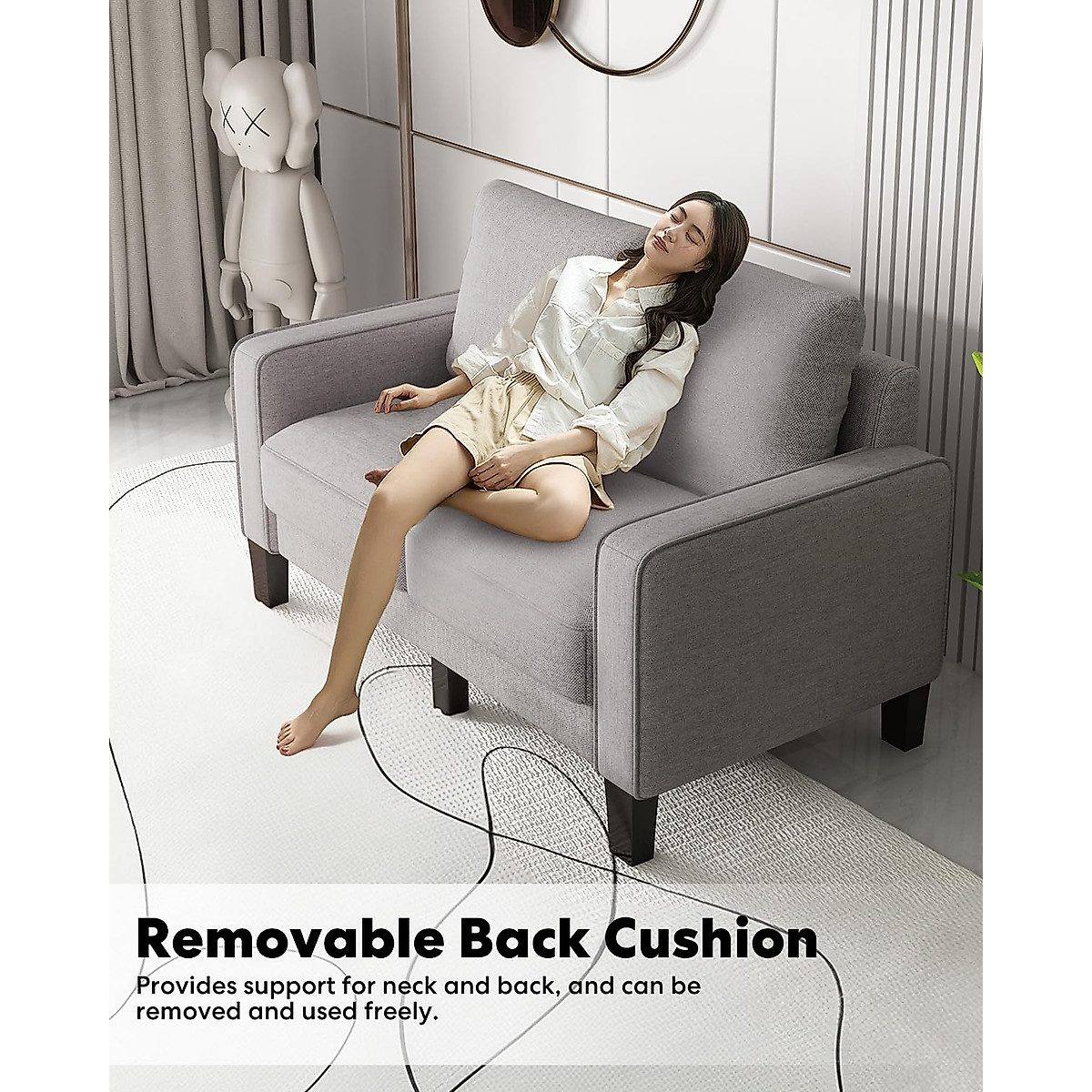 Small Modern Loveseat Couch Sofa - Fabric Upholstered 2 Seat Sofa, Solid Wood Leg, Ultra Thick Cushion, Seats Storage, Compact Small Space Furniture, Living Room, Apartment, Light Gray