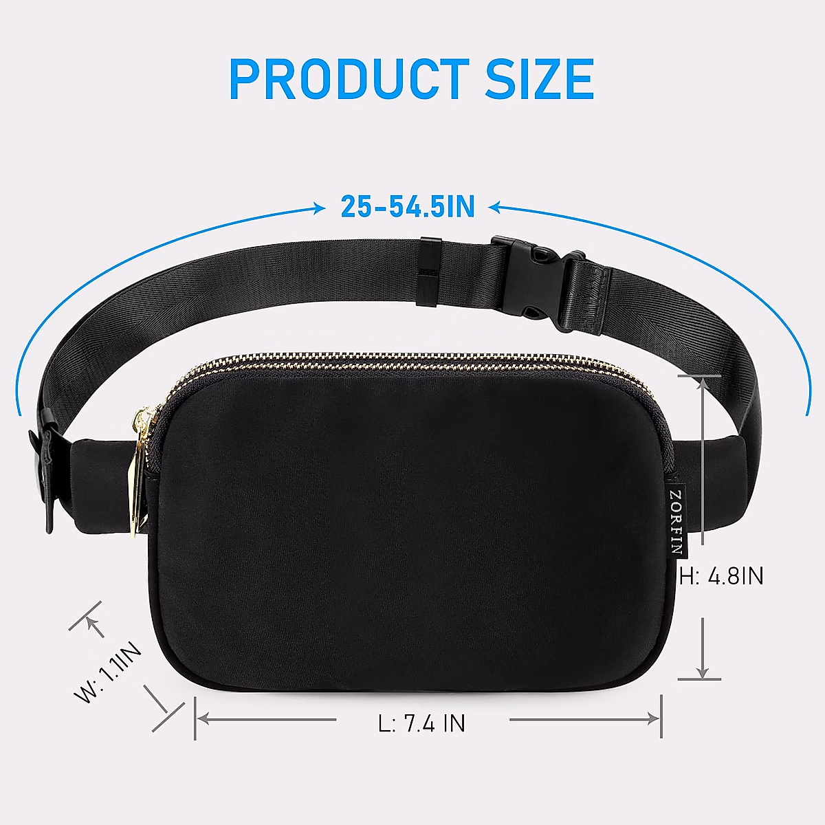 ZORFIN Fanny Packs for Women, Fashion Belt Bag with Two Main Pockets, Crossbody Bays for Travel Workout Outdoor Cycling Hiking (Black)