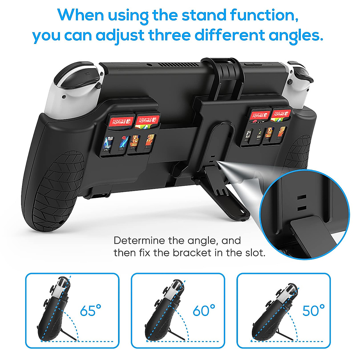 Switch OLED Grip Case Compatible with Nintendo Switch/ Switch OLED/ Switch Lite - Universal Hand Grip Accessories with Adjustable Stand/ 4 Game Slots, 8 Thump Caps for JoyCon & Switch Control, Black