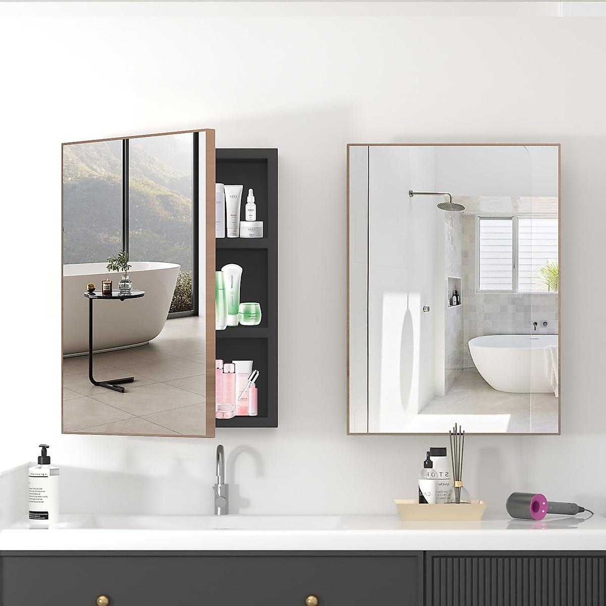 Gold Bathroom Medicine Cabinet with Mirror, Square Rectangle Single Door Recessed or Surface Wall Mounted Aluminum Bathroom Medicine Cabinet, Modern Vanity Mirror 16" W x 22" H