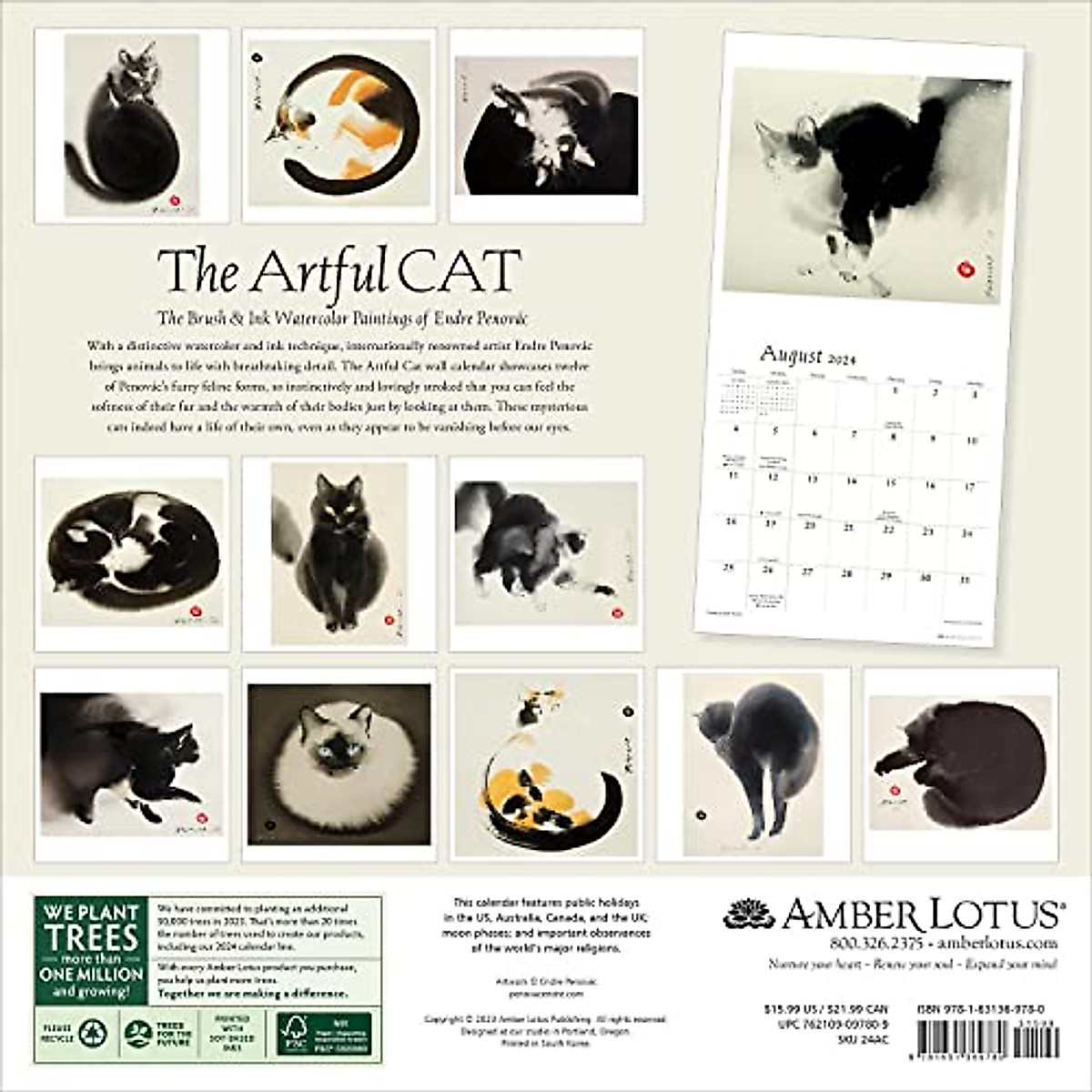 The Artful Cat 2024 Wall Calendar: Brush & Ink Watercolor Paintings by Endre Penovac | 12" x 24" Open | Amber Lotus Publishing