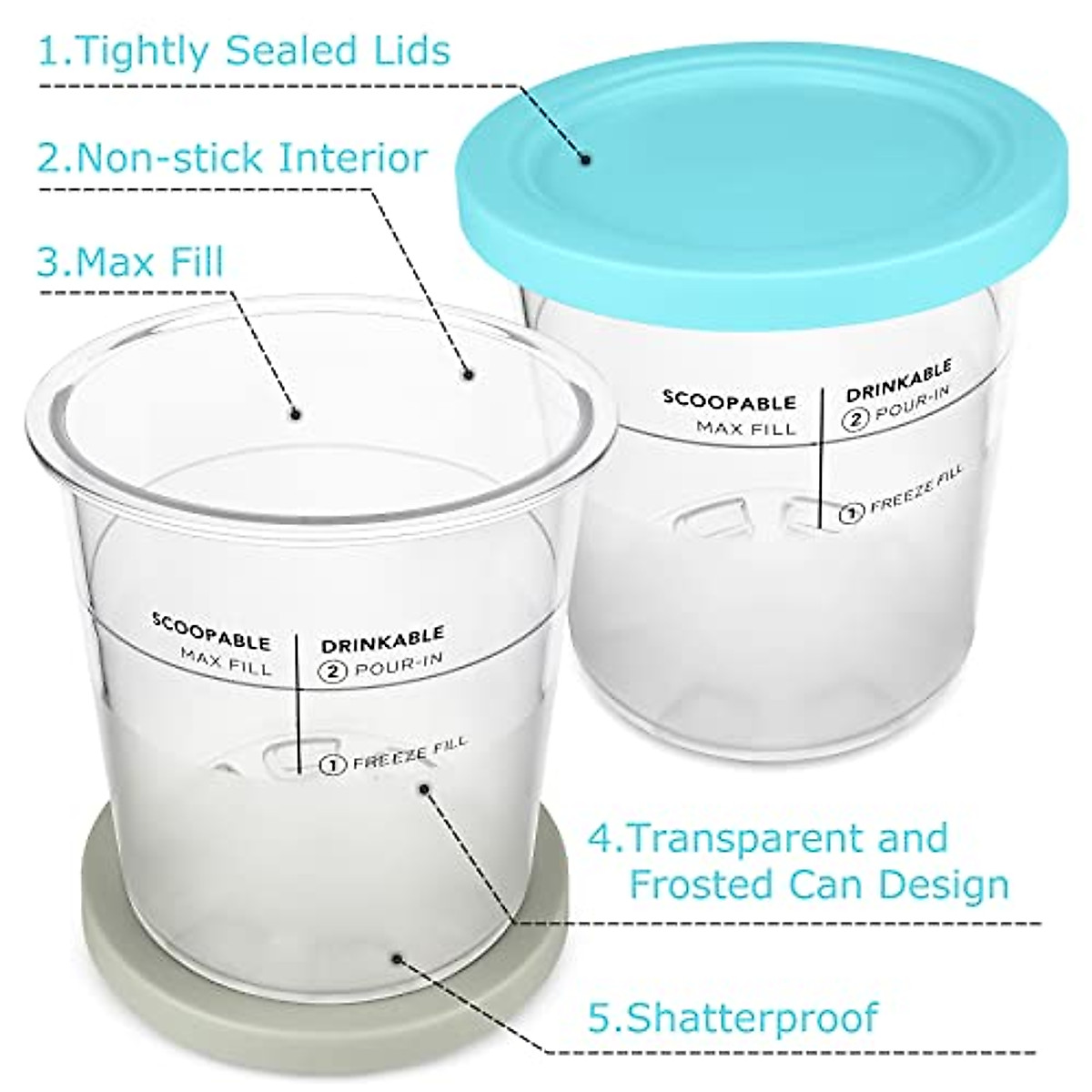 VanlonPro Containers 2 Pack, Ice Cream Pints Replacement for NC500 Series Ninja Creami Deluxe Ice Cream Makers, Reusable, BPA-Free & Dishwasher Safe, Airtight & Leaf-Proof, Gray & Blue Lids