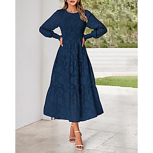 BTFBM Casual Women's 2025 Fall Dresses Elegant Wedding Guest Dress Long Sleeve Floral Midi Dress Flowy Bohemian Long Dress(Dark Blue,Small)