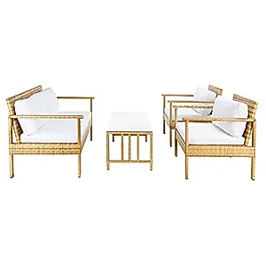 Safavieh Outdoor Collection Garnen Wicker Cushion 4-Piece Living Set PAT7714D, Natural/White