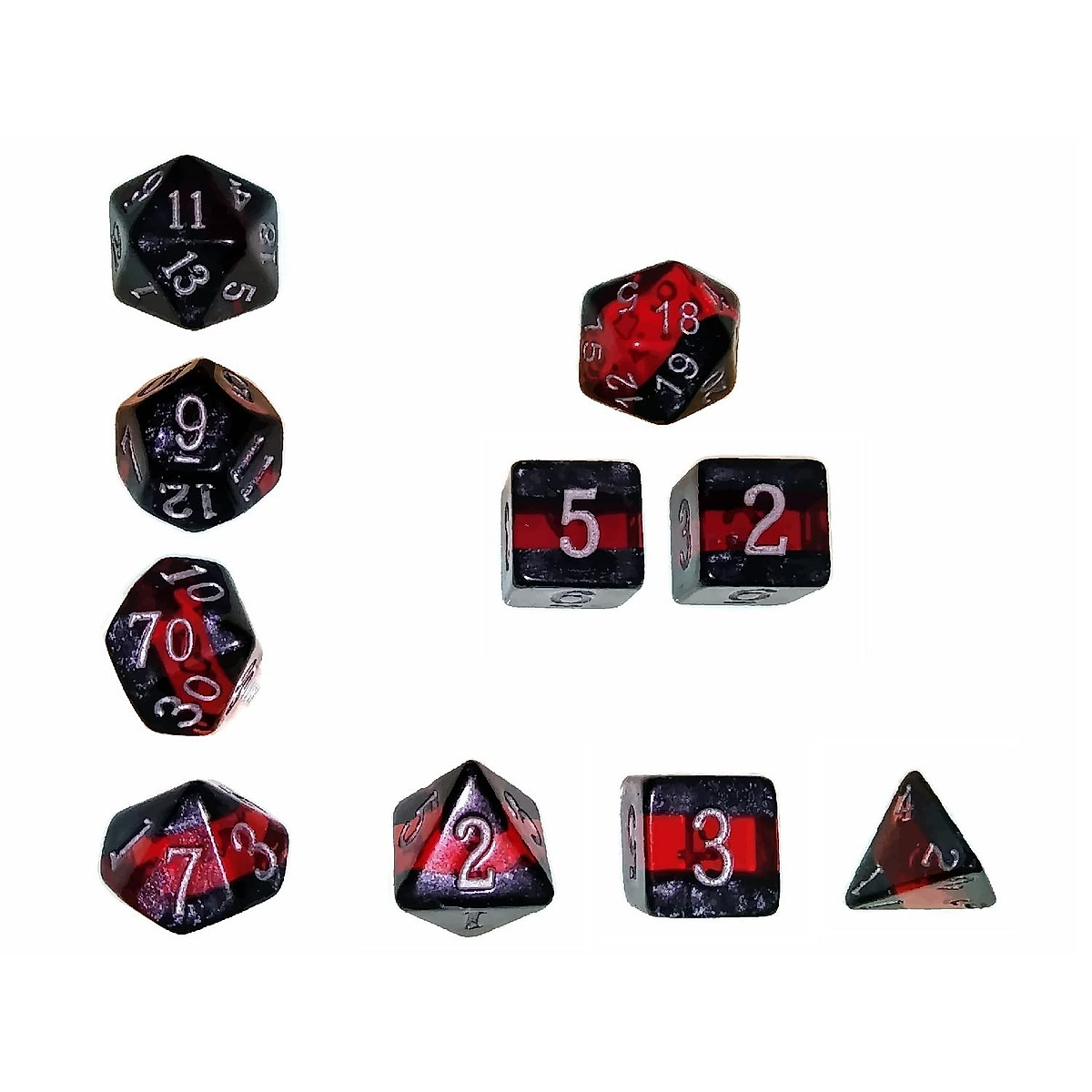 Marbled Black with a Ruby Red Translucent Vein Set of 10 Dice for Role-Playing Games (Includes a d20 Initiative Advantage Die and Two Special d6 Max Damage Dice) RPG