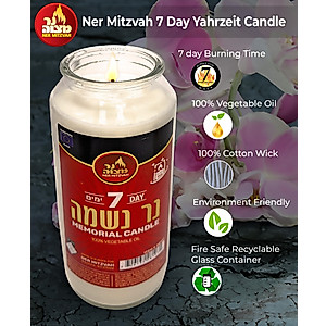 Ner Mitzvah 7 Day Yahrzeit Candle - 3 Pack Kosher White Yahrzeit Memorial Candles - Yom Kippur and Holiday Candle in Glass Jar - 100% Vegetable Oil Wax Prayer Candle
