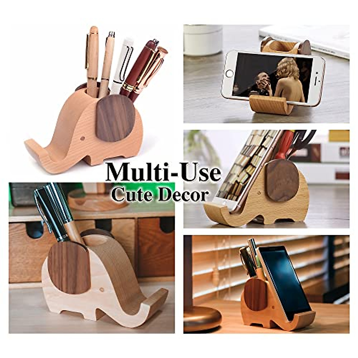 Artinova Elephant Wooden Pen Cup Pencil Holder for Desk Decor Desk Organizer with Cell Phone Stand ARTA-0057