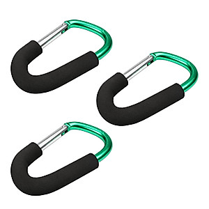 MroMax 3PCS Stroller Hooks, 5.5inches Carabiner Clip, Green Easier Travel Hook, Dog Stroller Leash Hook, Soft Foam Grip, Purse Holder, Large Clips for Hanging Bags, Backpack, Diaper Organizer