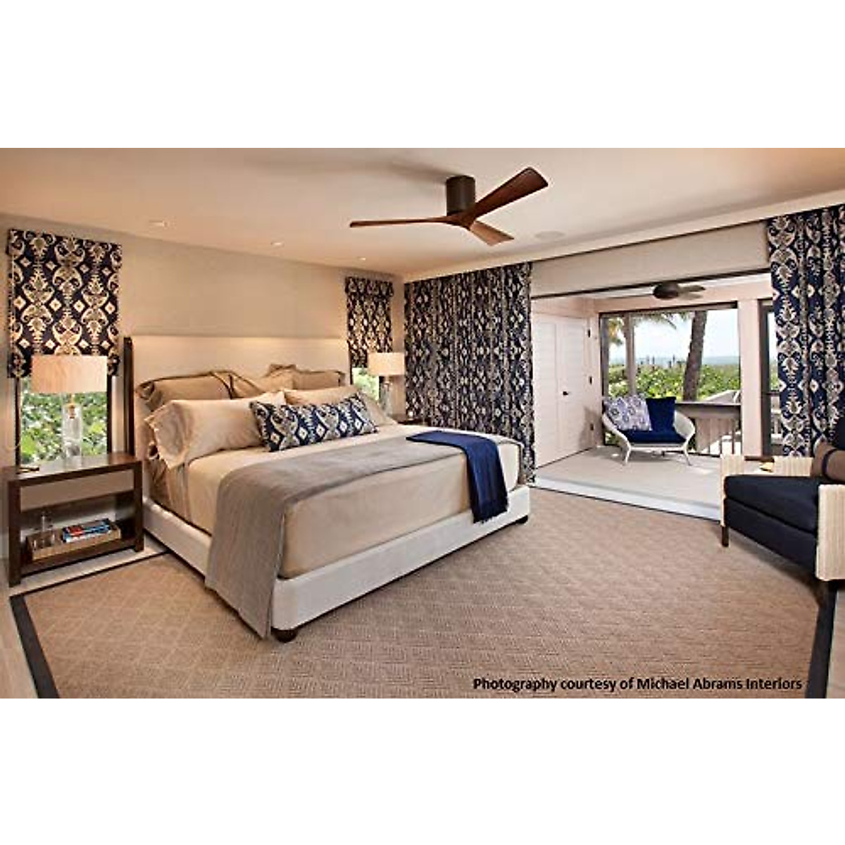 Matthews IR3H-WH-MWH-42 Irene Indoor/Outdoor Damp Rated 42" Flush Mount Ceiling Fan with Remote & Wall Control, 3 Matte White Solid Wood Blades, Gloss White