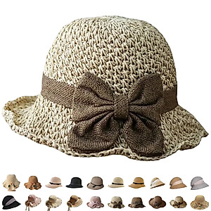 Elegant Straw Hats for Women Summer Vintage Ruffle Bowknot Straw Hat Handmade Woven Women Sun Straw Hat (US, Alpha, One Size, 7.5cm Hat Brim - Beige)