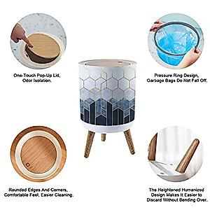 Small Trash Can with Lid Geometric abstraction of hexagons on a blue relief with gold elements Waste Bin with Wood Legs Press Cover Wastebasket Round Garbage Bin for Kitchen Bathroom Bedroom Office