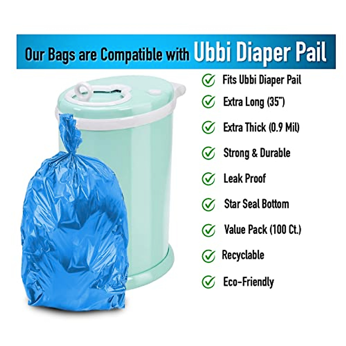 Disposable Diaper Pail Refill Plastic Bag (100 count) Compatible with Ubbi Diaper Bag Pail 13 Gal Capacity Diaper Pail Bag Fits 8 Gallon Medium Kitchen Trash Bag Heavy Duty Large Garbage Bag, 100 Bags