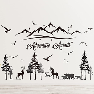 Adventure Awaits Wall Stickers Decals Removable Travel Inspirational Quotes Wall Decals Forest Pine Tree with Bear Home Decor Sticker for Living Room Bedroom Nursery Room Home Decor